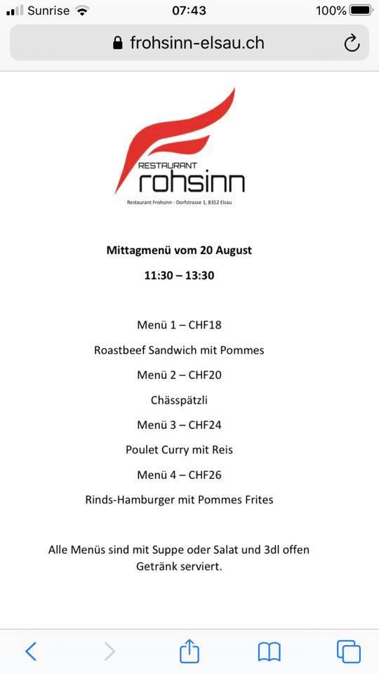 Menu da Restaurant Frohsinn Elsau, Elsau, Dorfstrasse 1