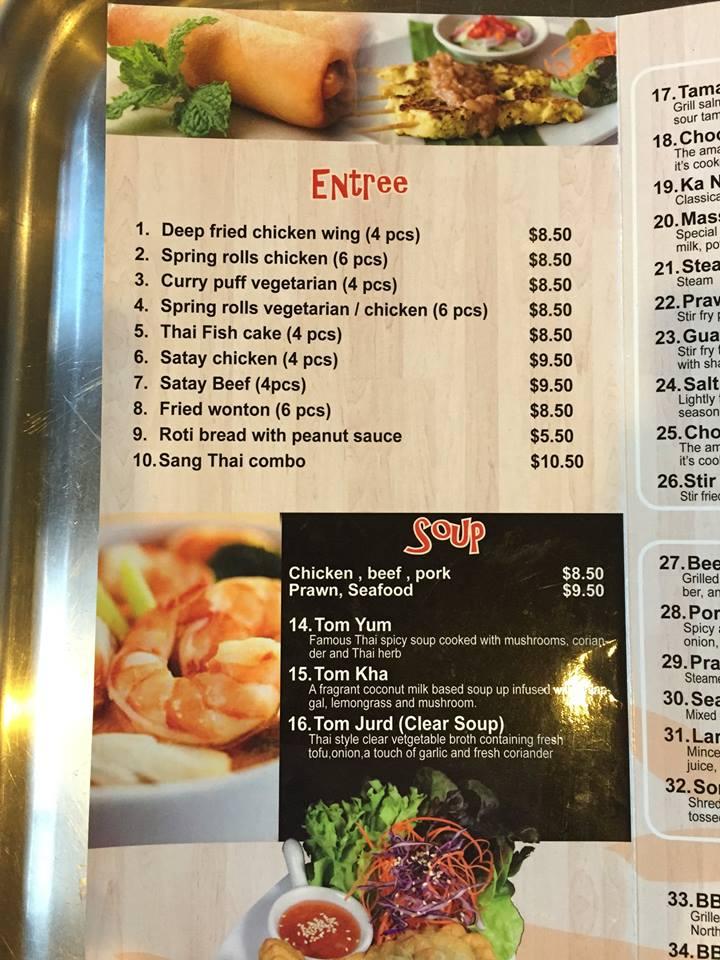 Menu at SangThai Cuisine restaurant, Bendigo