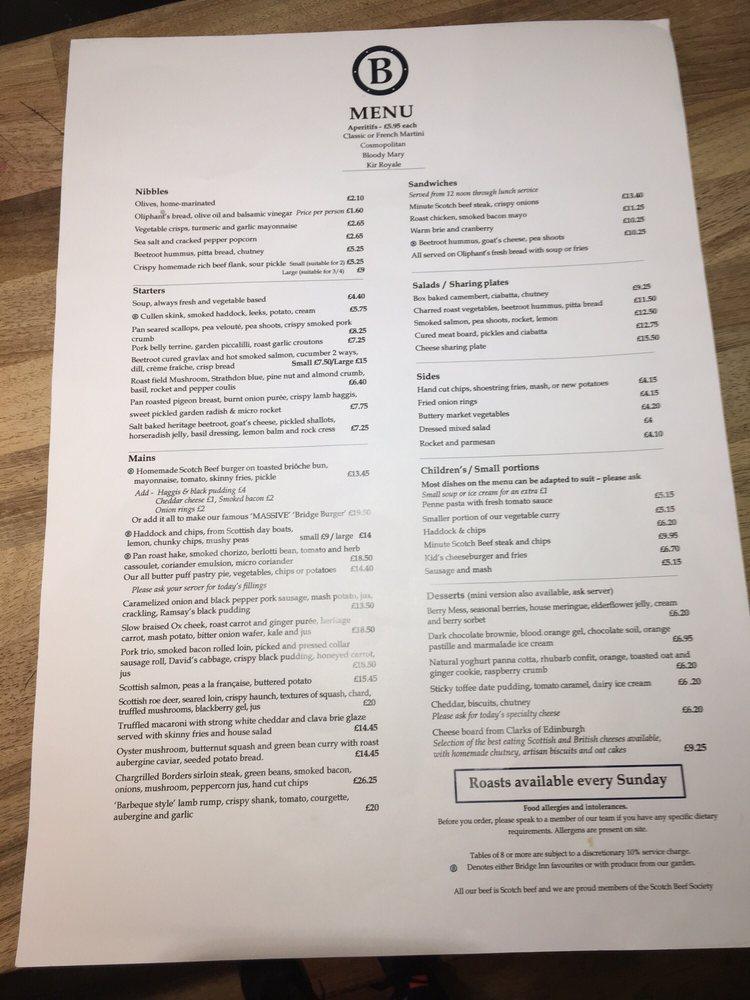 Menu at The Bridge Inn pub & bar, Ratho