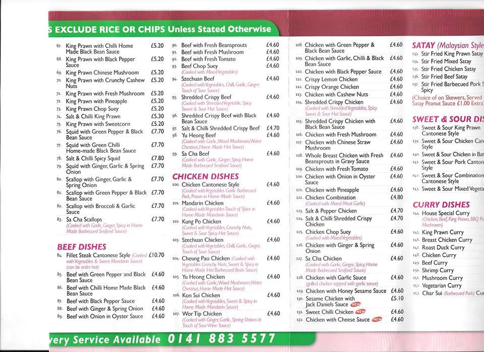 Menu at Wok 'n' Chef fast food, Glasgow, 250 Drumoyne Rd