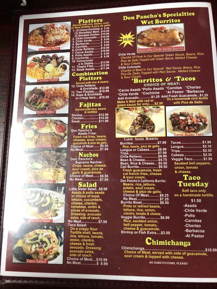 Menu at Don Pancho's Mexican Food restaurant, Wildomar