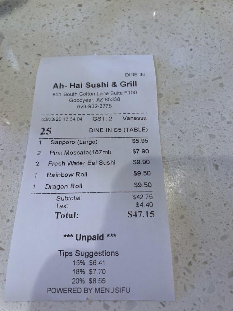 Menu at Hayashi Hibachi steakhouse, Goodyear