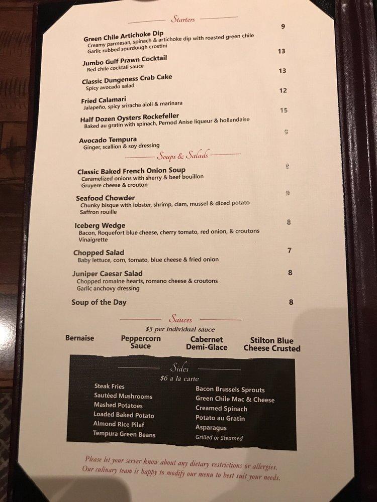 Menu at Juniper Steakhouse, Bernalillo
