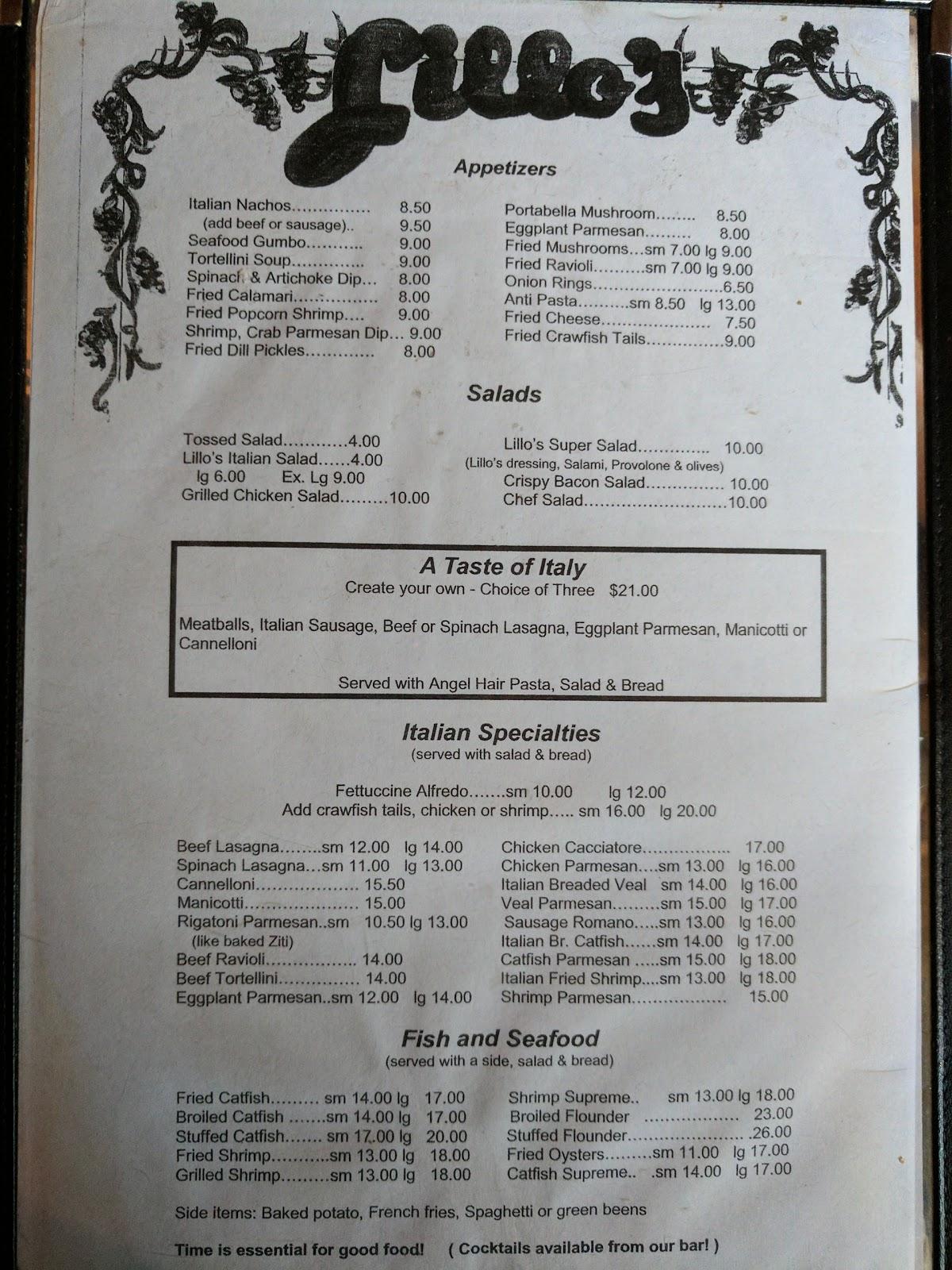 Menu at Lillos Restaurant, Leland, US-278
