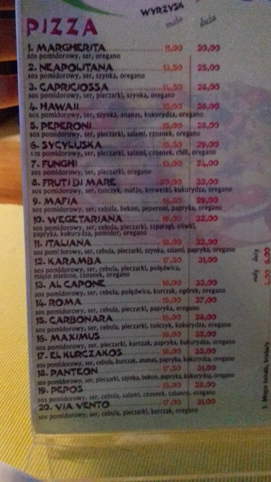 Menu at Pizzeria Italiana, Wyrzysk