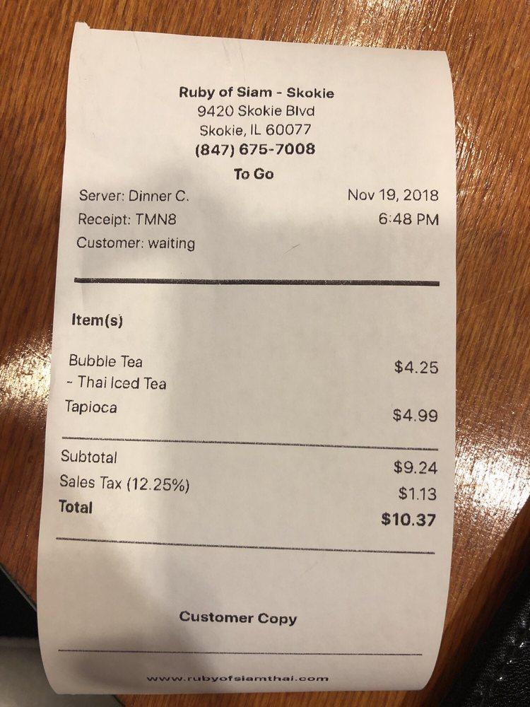 Menu at Ruby of Siam restaurant, Skokie, Skokie Blvd