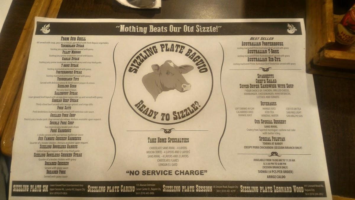 Menu at Sizzling Plate Carino restaurant, Baguio, 4 Carino St