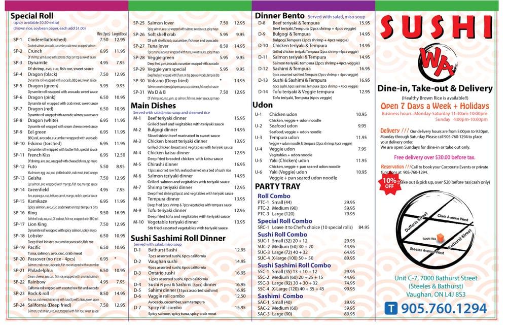 Menu at Sushi Wa restaurant, Vaughan