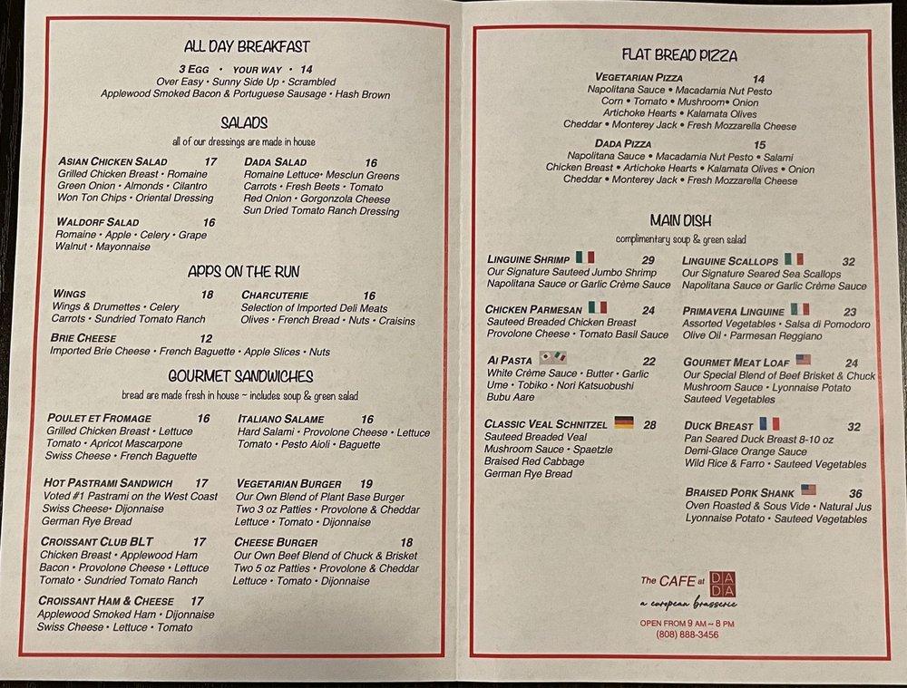 Menu at The Café at DaDa cafe, Honolulu