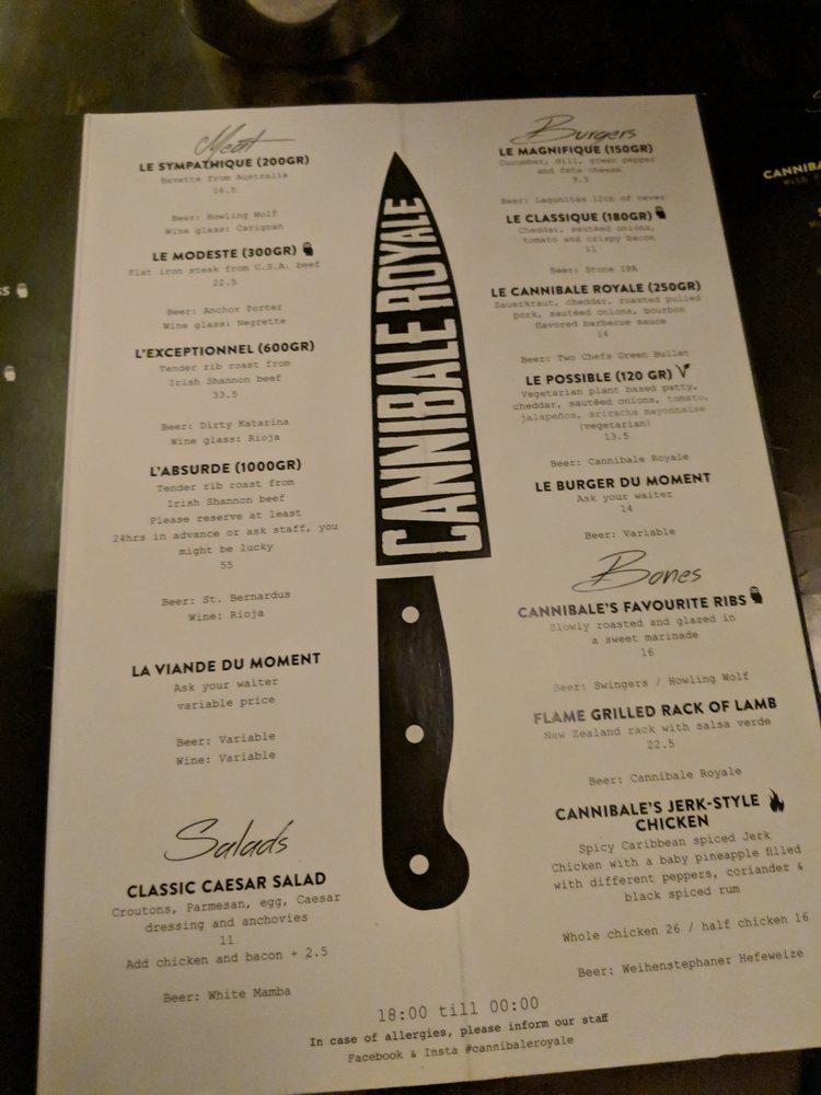 Menu at Cannibale Royale Handboogstraat, Amsterdam, Handboogstraat 17a