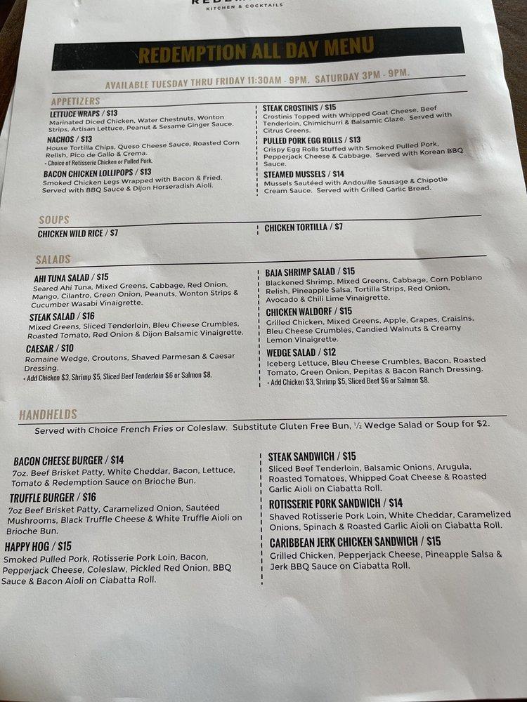 Menu at Redemption Restaurant, Faribault