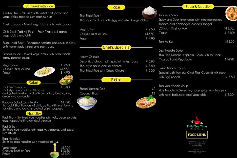 Menu at Thai Tea Time restaurant, Manoora
