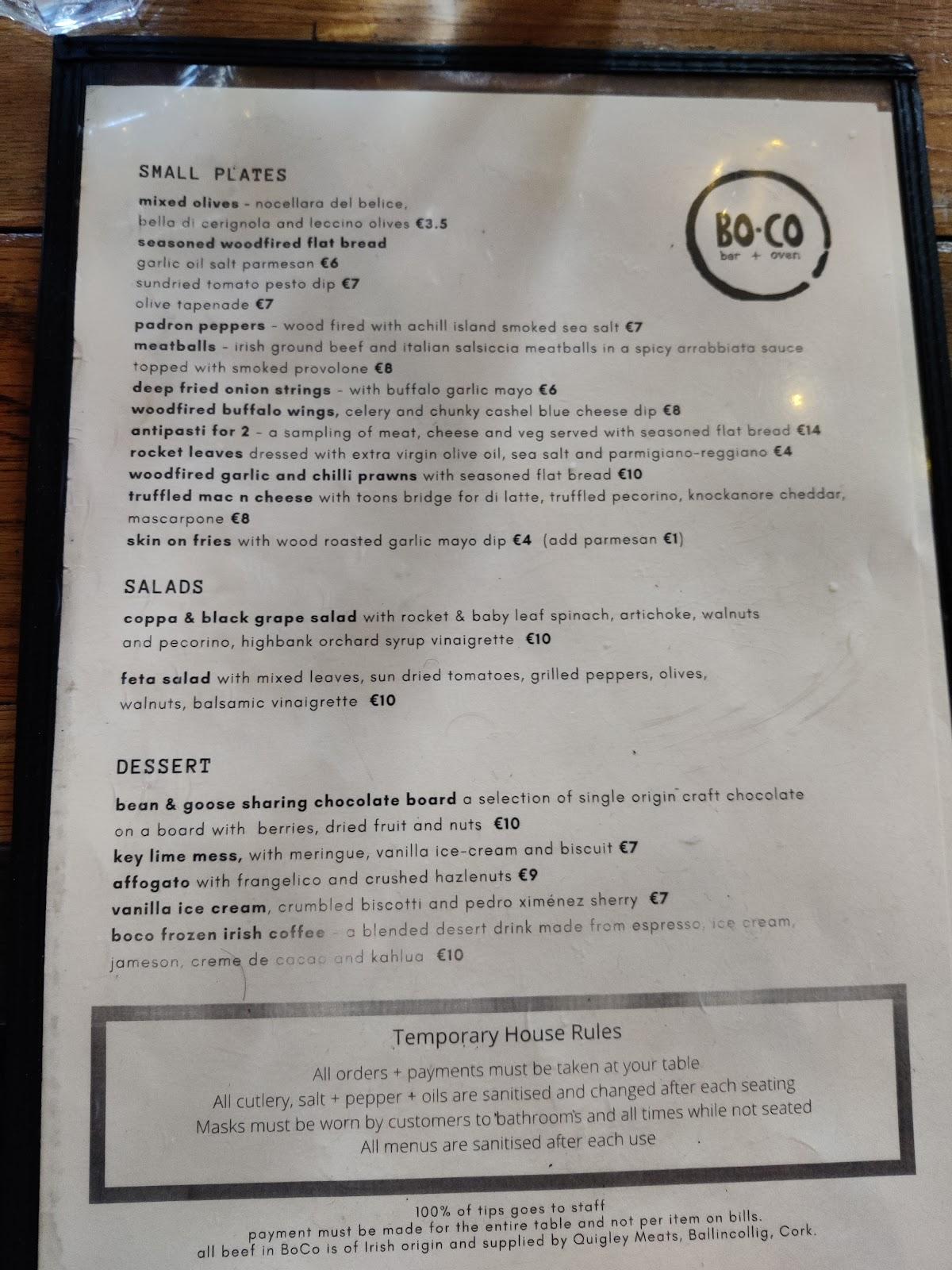 Menu at Boco pub & bar, Dublin