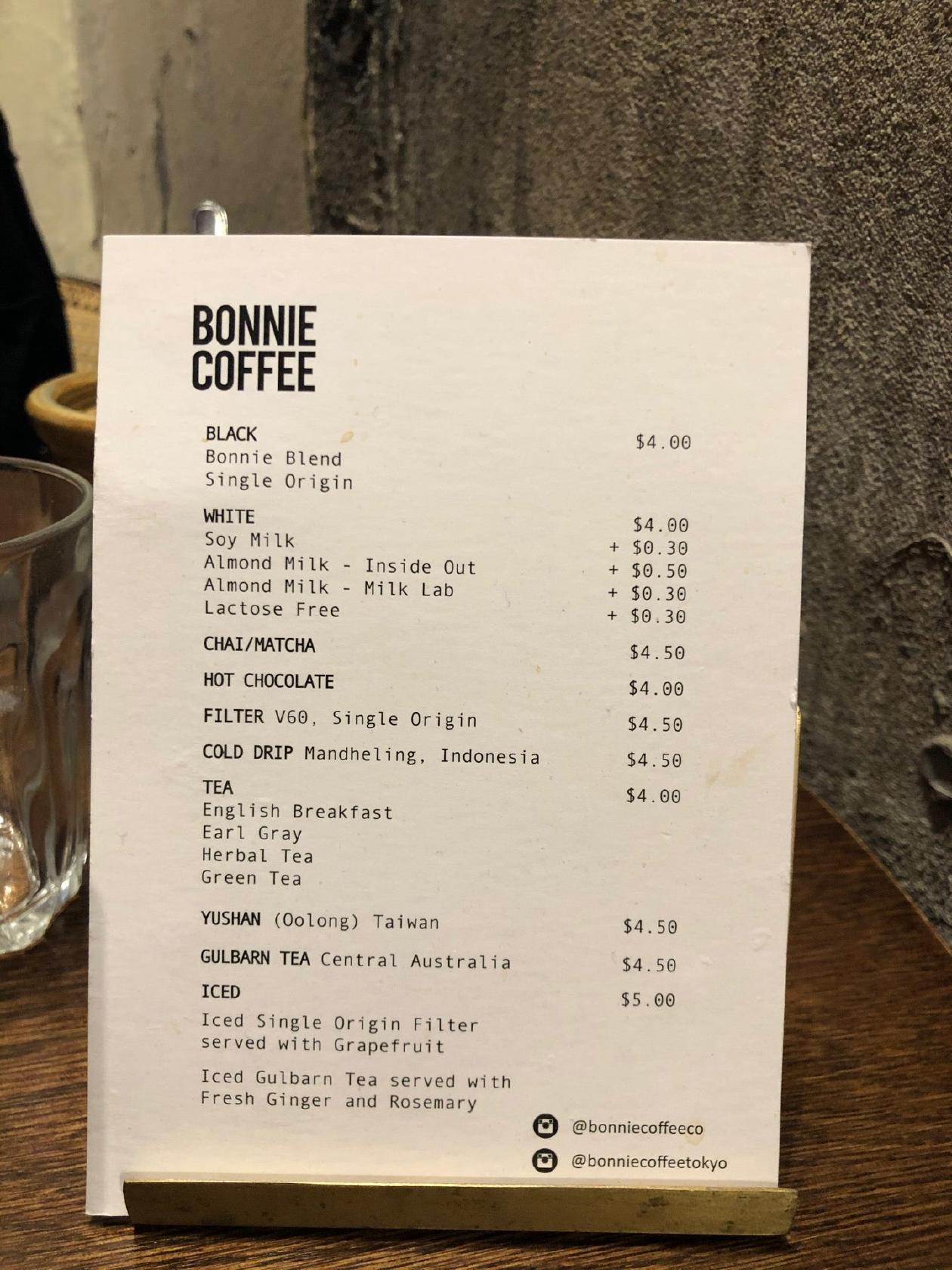 Menu at Bonnie Coffee cafe, Sydney