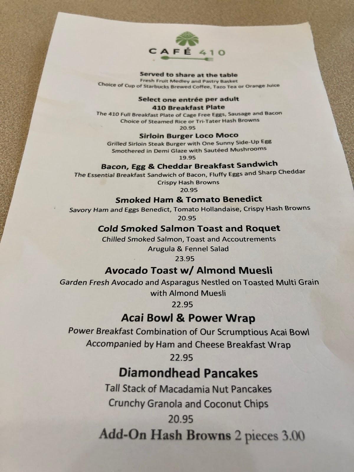 Menu at Cafe’ 410, Honolulu