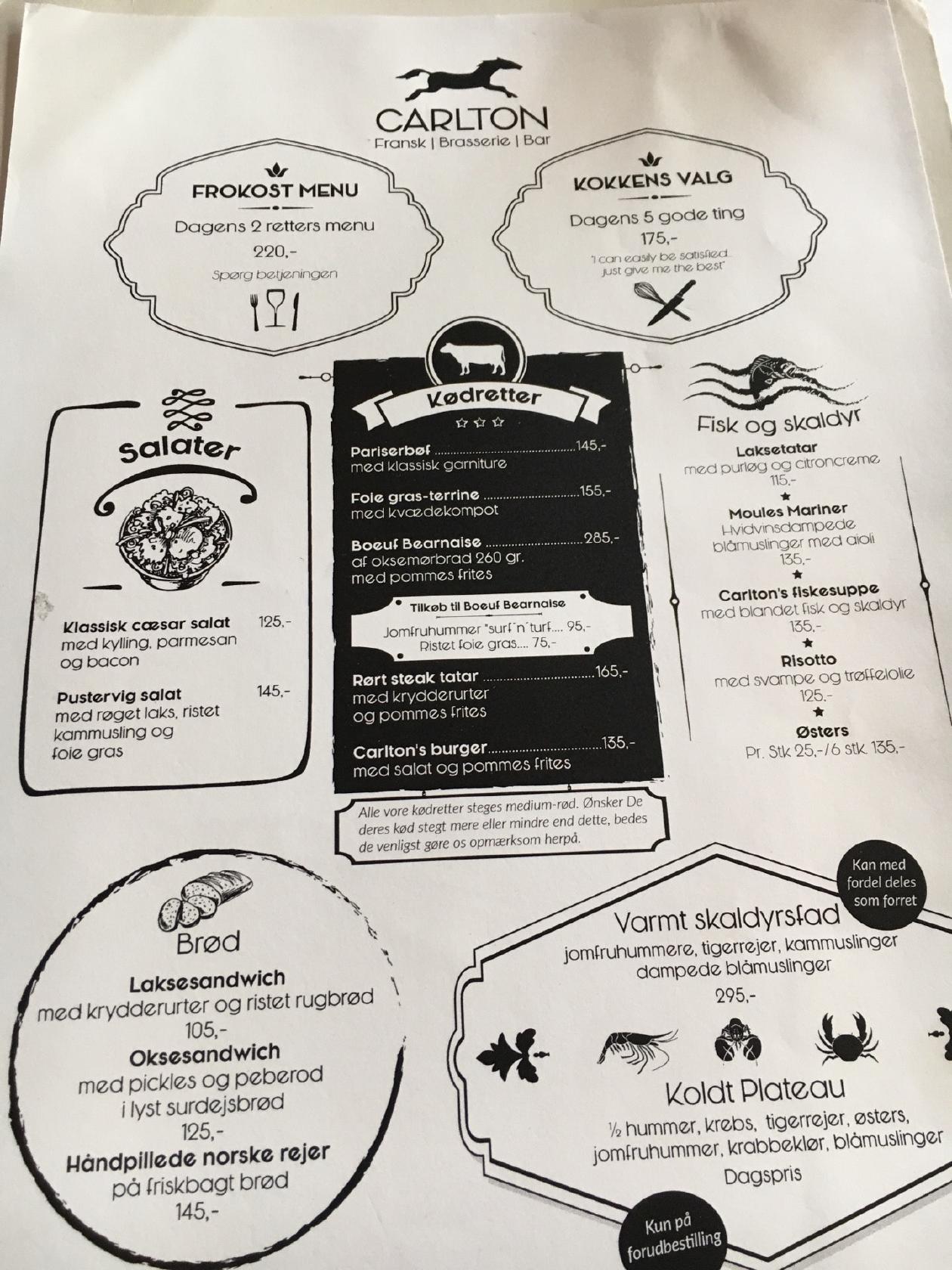 Menu at Carlton restaurant, Aarhus