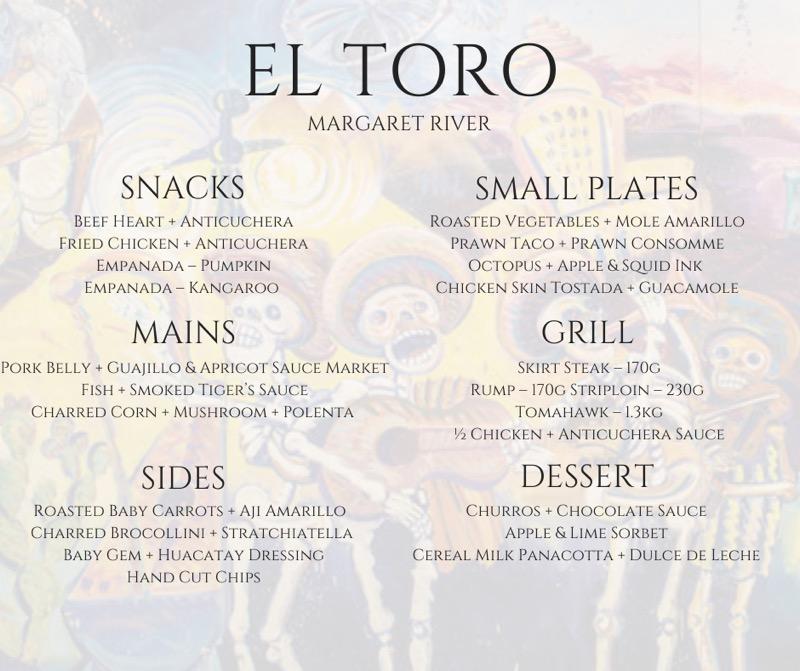 Menu at El Toro Margaret River restaurant, Margaret River