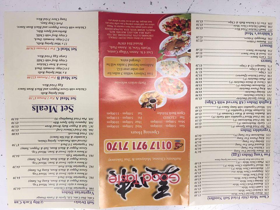 Menu at Good Taste restaurant, Bristol