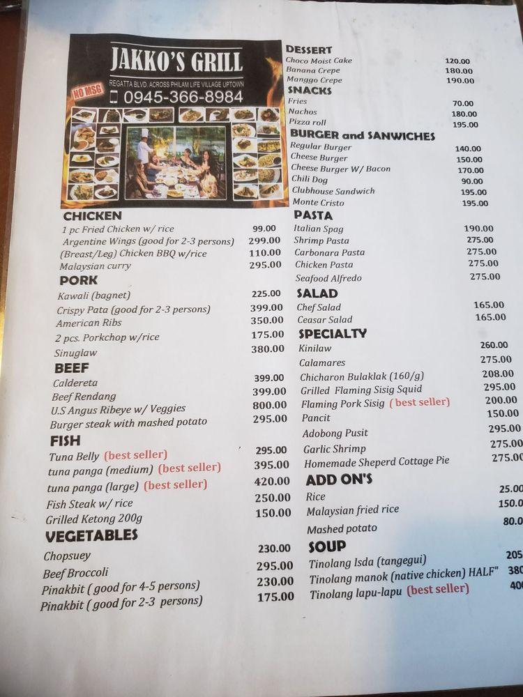 Menu at Jakko's Grill pub & bar, Cagayan de Oro