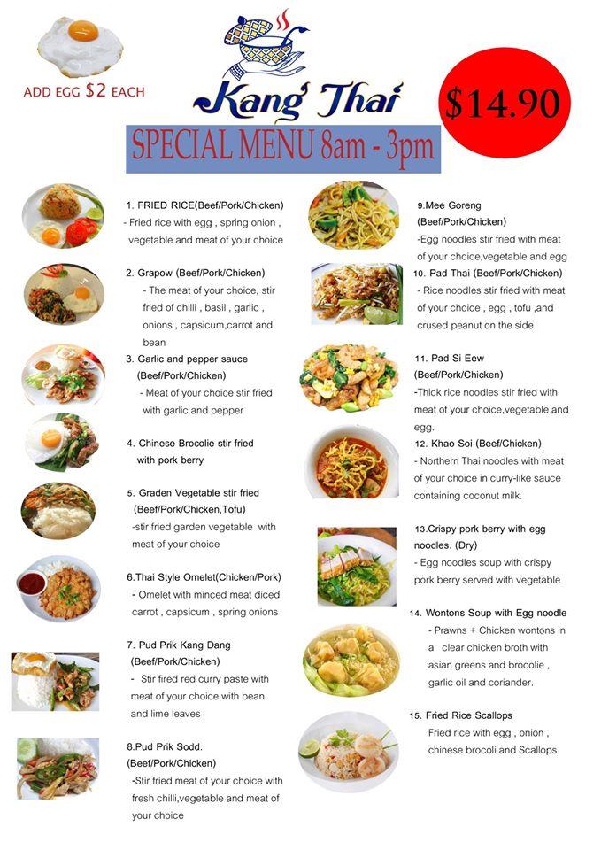 Menu at Kang Thai restaurant, Bendigo, 283 Lyttleton Terrace