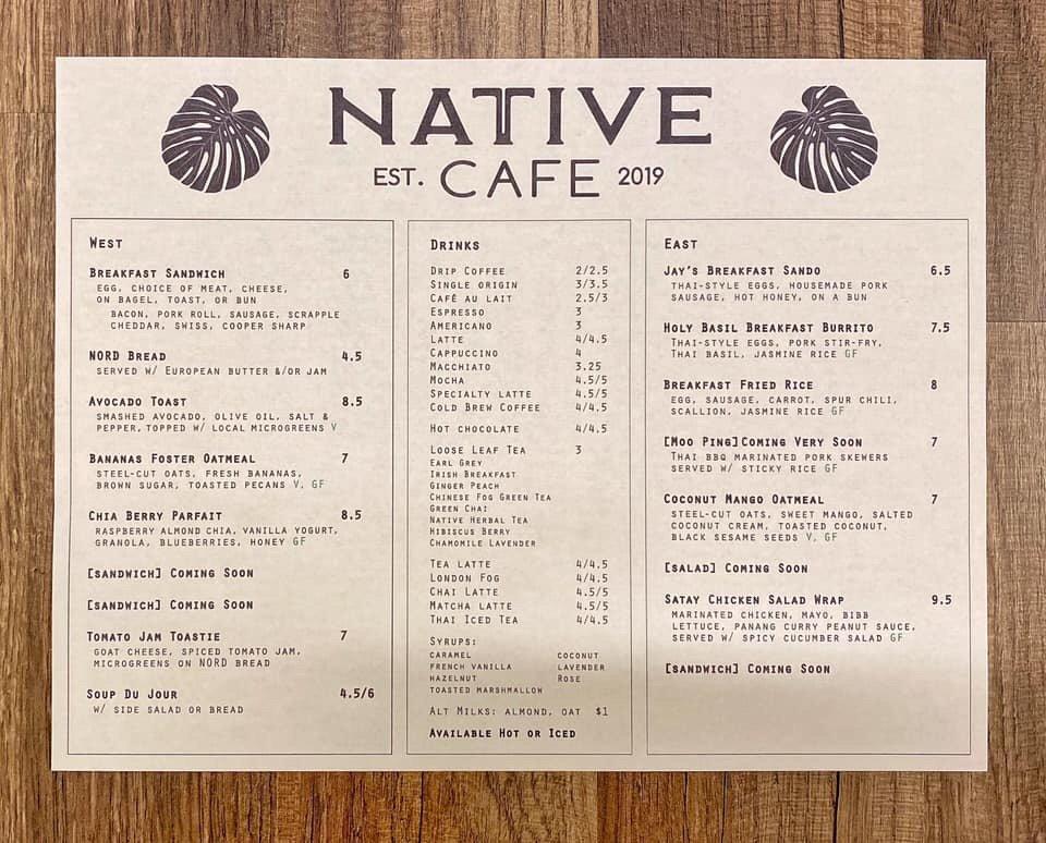 Menu at Native Cafe, Doylestown