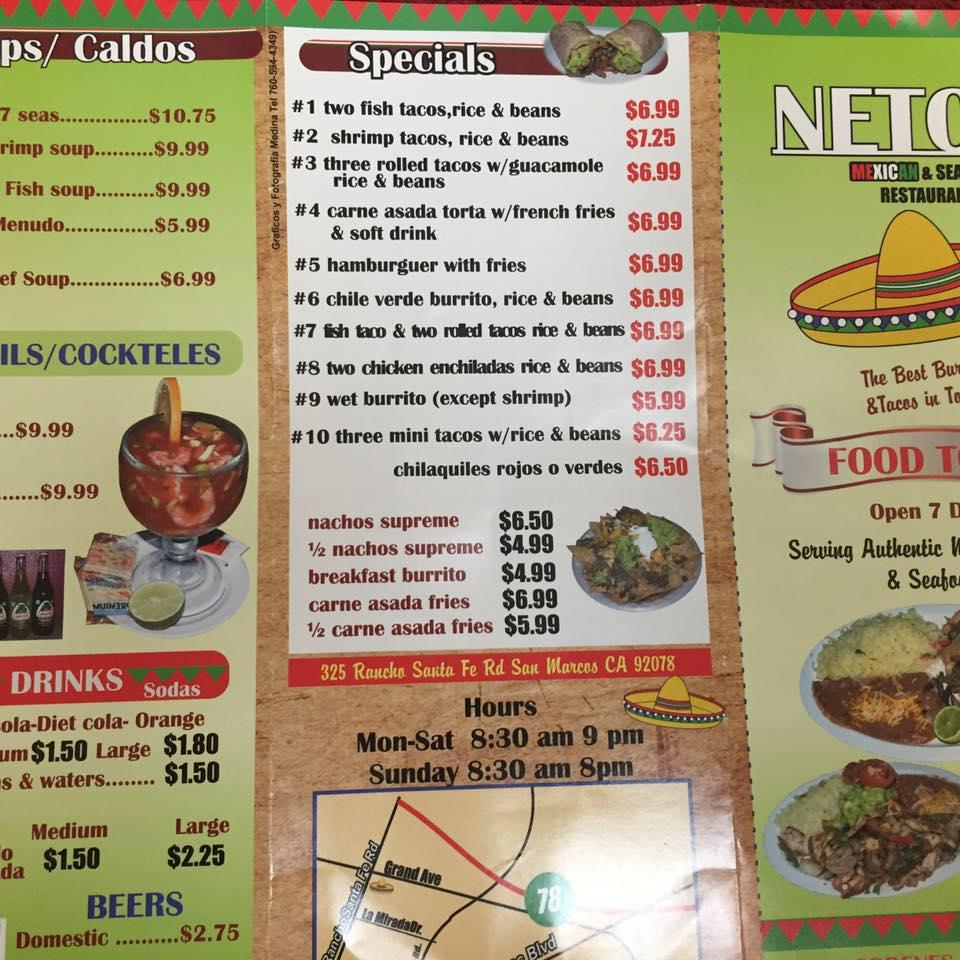 Menu at Neto's Mexican Food Restaurant, San Marcos