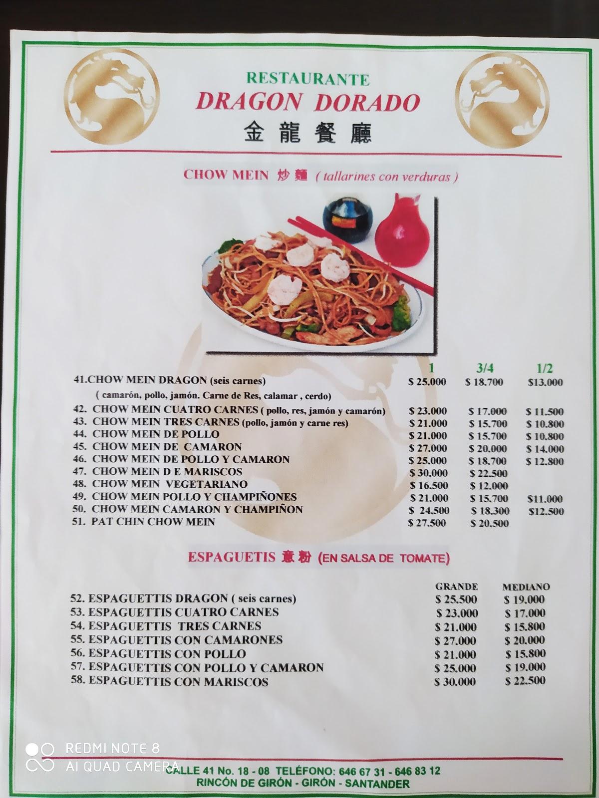 Menu at Restaurante Dragón Dorado, Girón