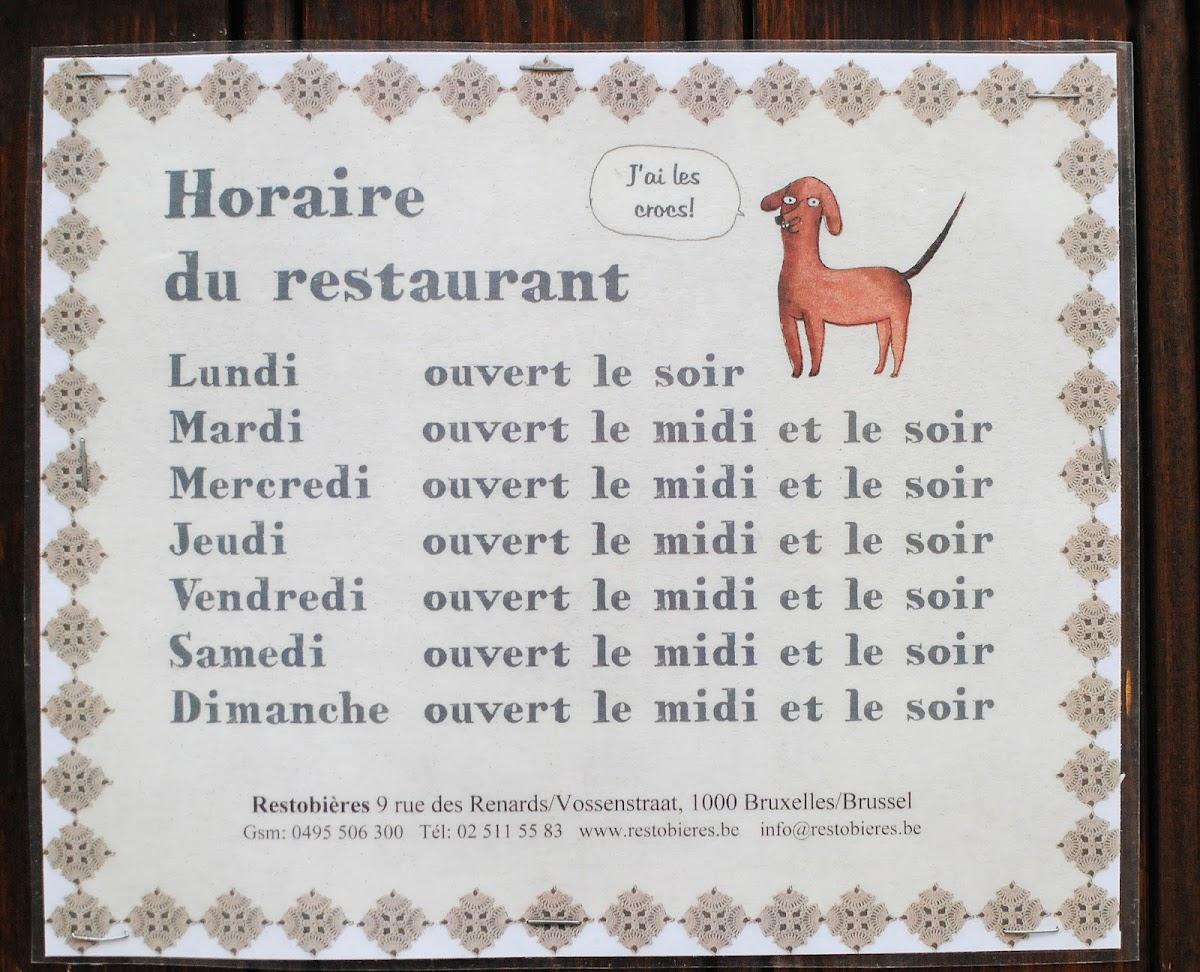 Menu at Restobières, Brussels, Rue des Renards 9