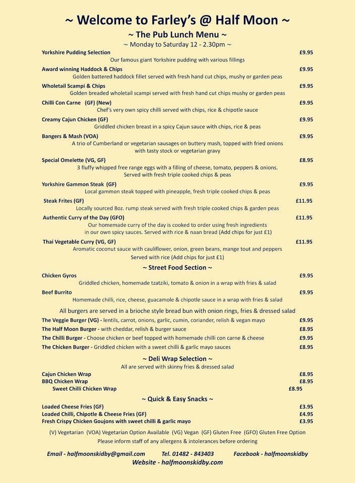 Menu at The Half Moon pub & bar, Cottingham