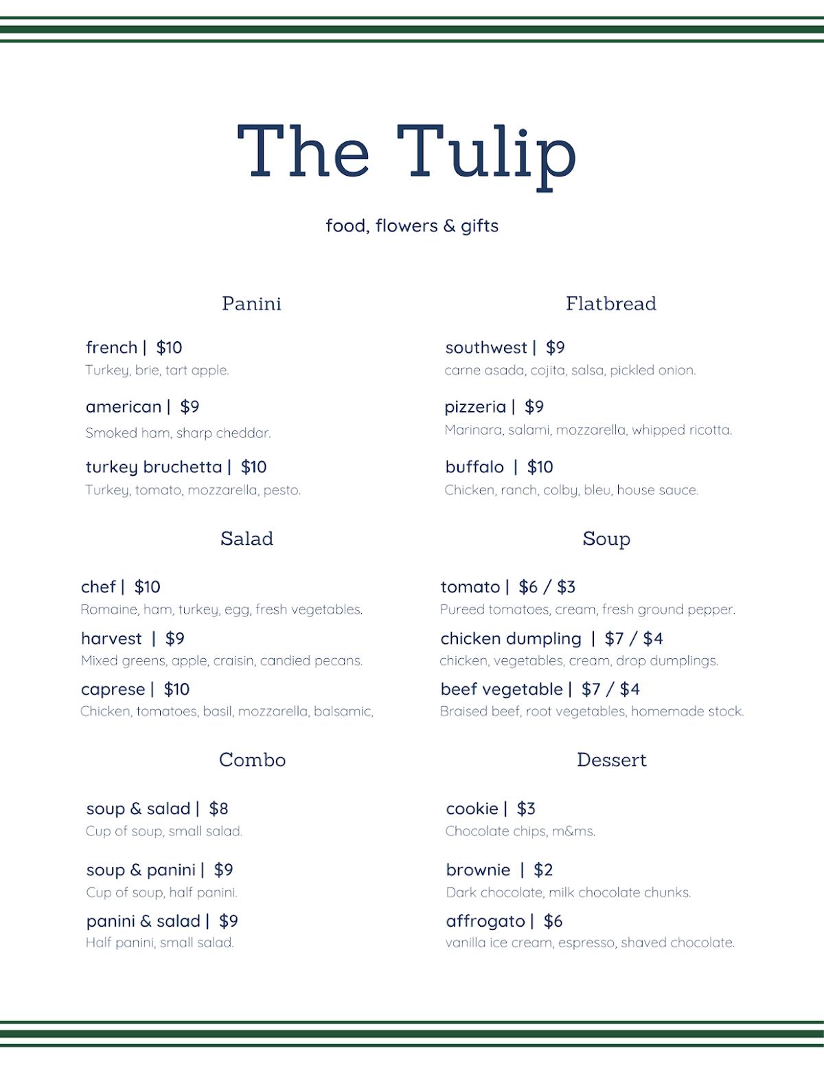 Menu at The Tulip cafe, Mott