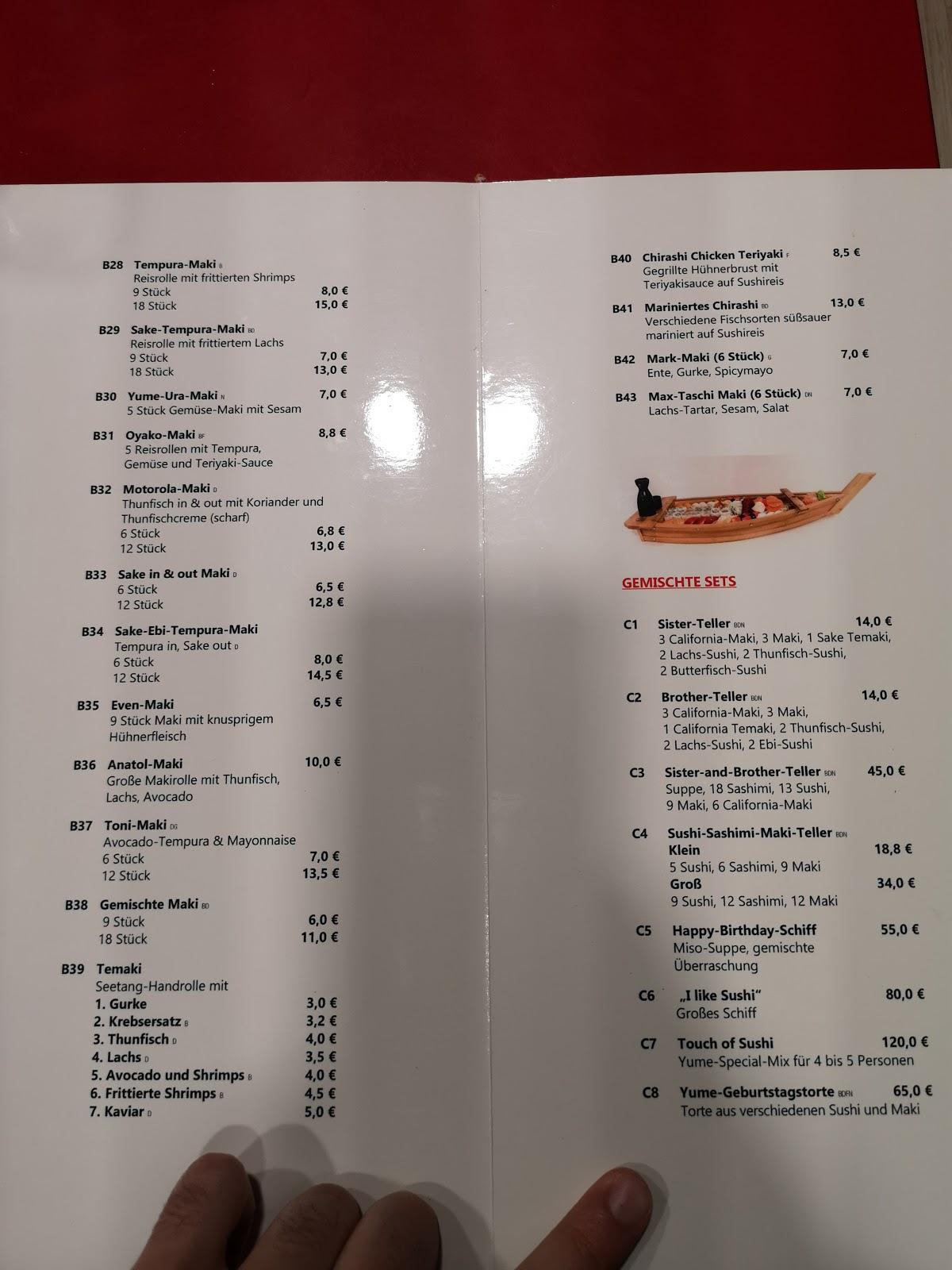 Menu au Yume restaurant, Vienne