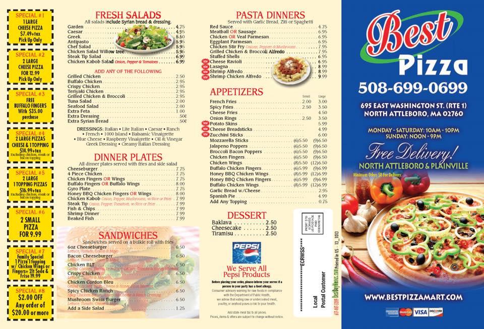 Menu at Best Pizza Market pizzeria, North Attleborough