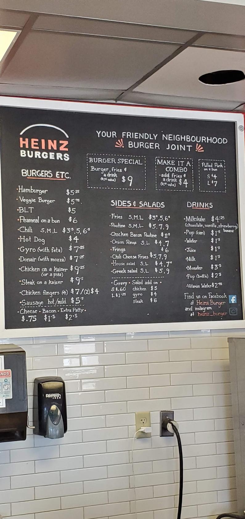 Menu at Heinz Burger Co. restaurant, Barrie
