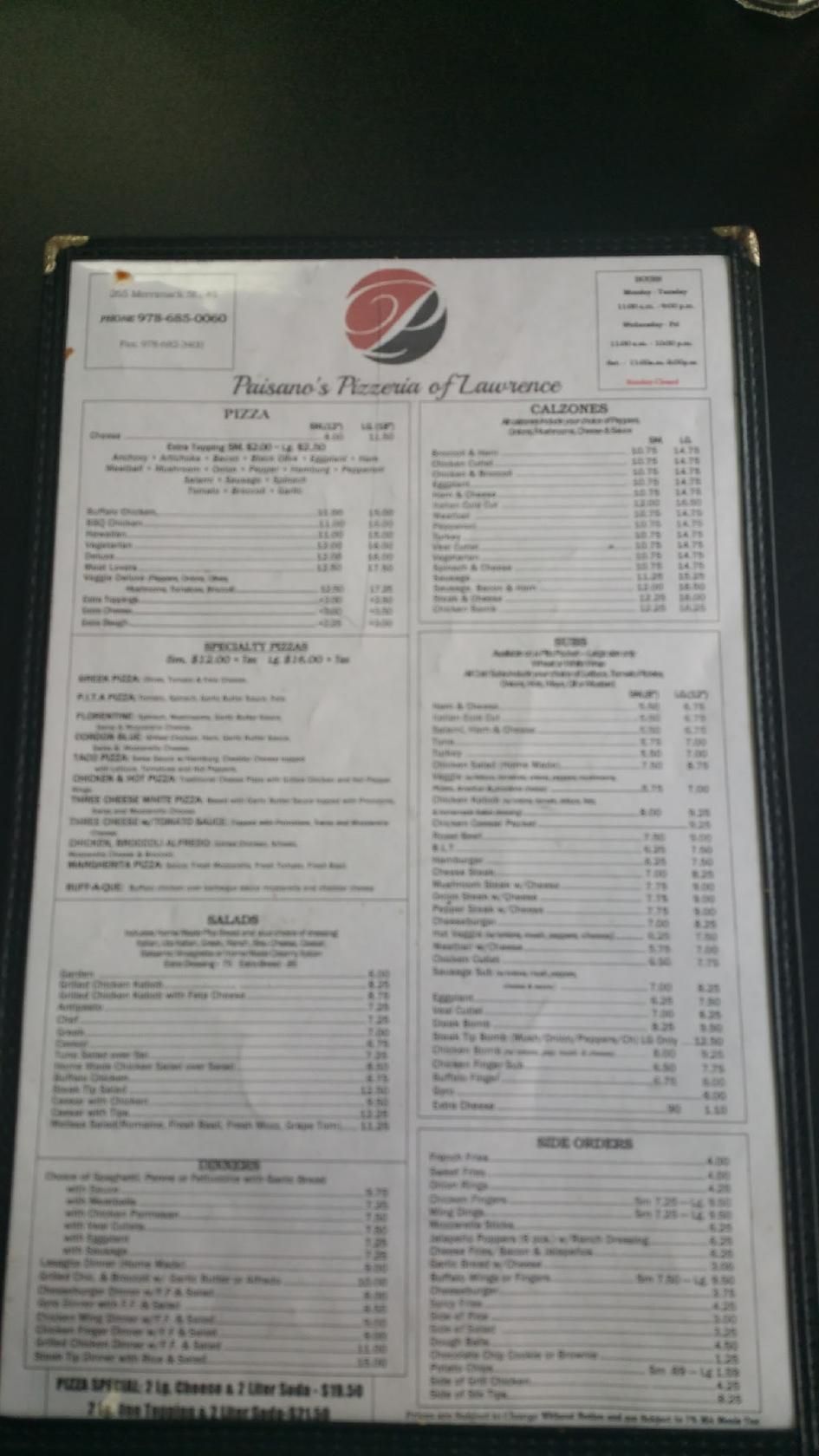 Menu at Paisano's Pizzería pizzeria, Lawrence