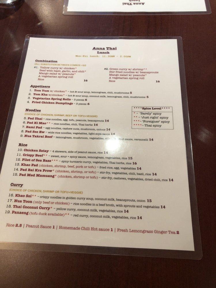 Menu at Anna Thai Cuisine restaurant, Ottawa