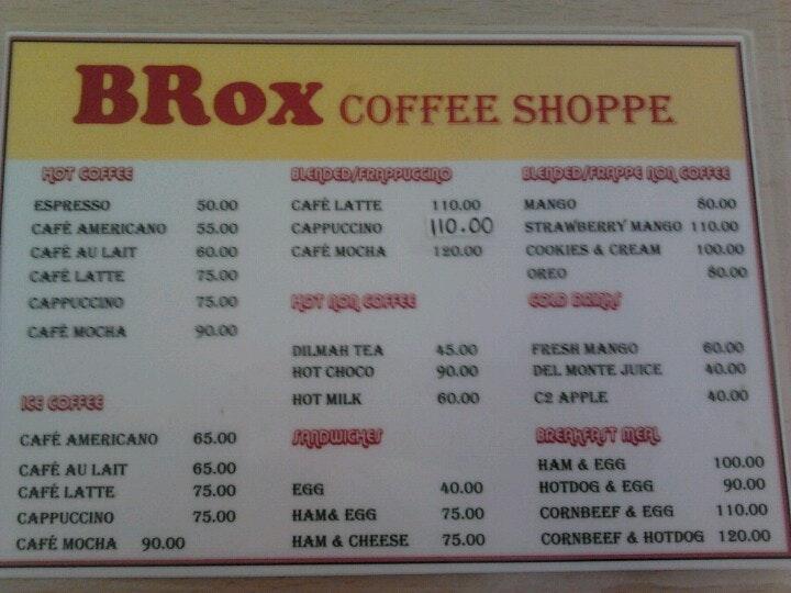 Menu at Brox Coffee Shoppe cafe, Davao City