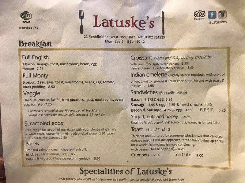 Menu at Cafe Latuske, Wolverhampton