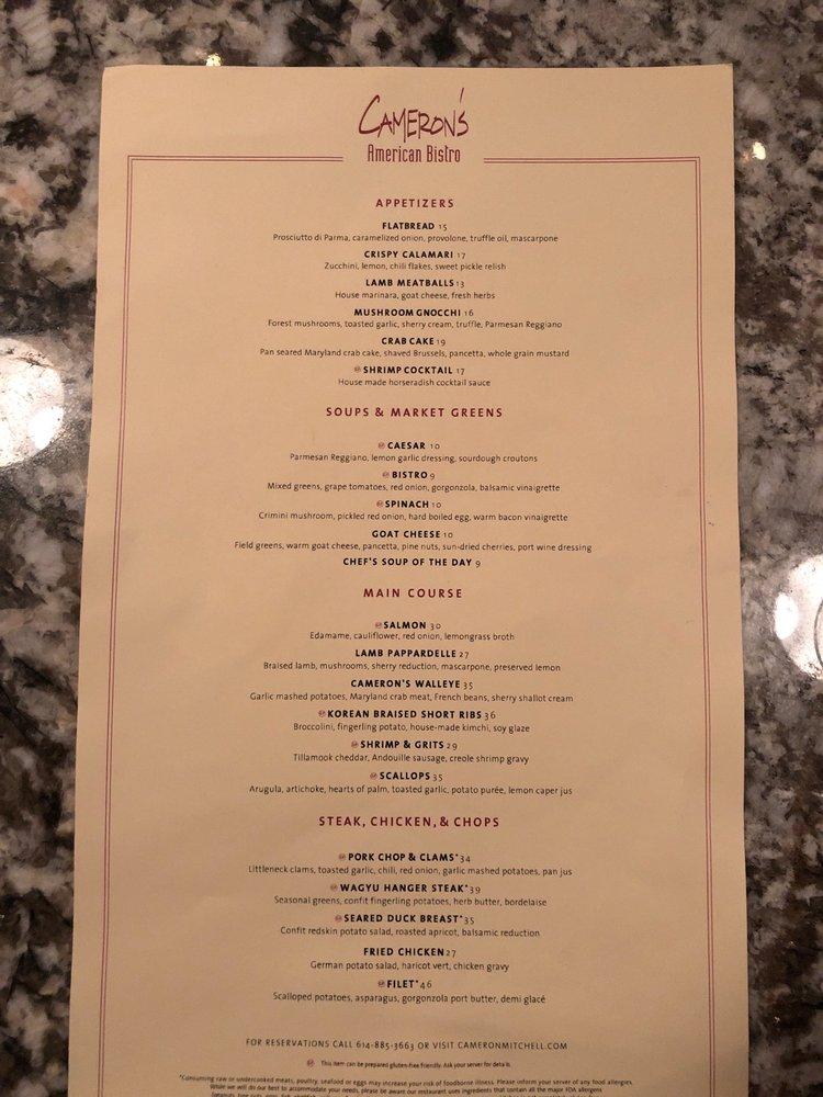 Menu at Cameron's American Bistro pub & bar, Worthington