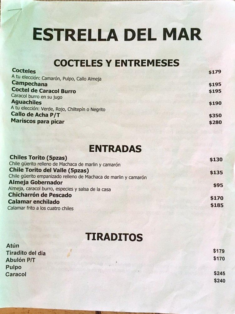 Carta del restaurante Estrella del Mar, La Paz