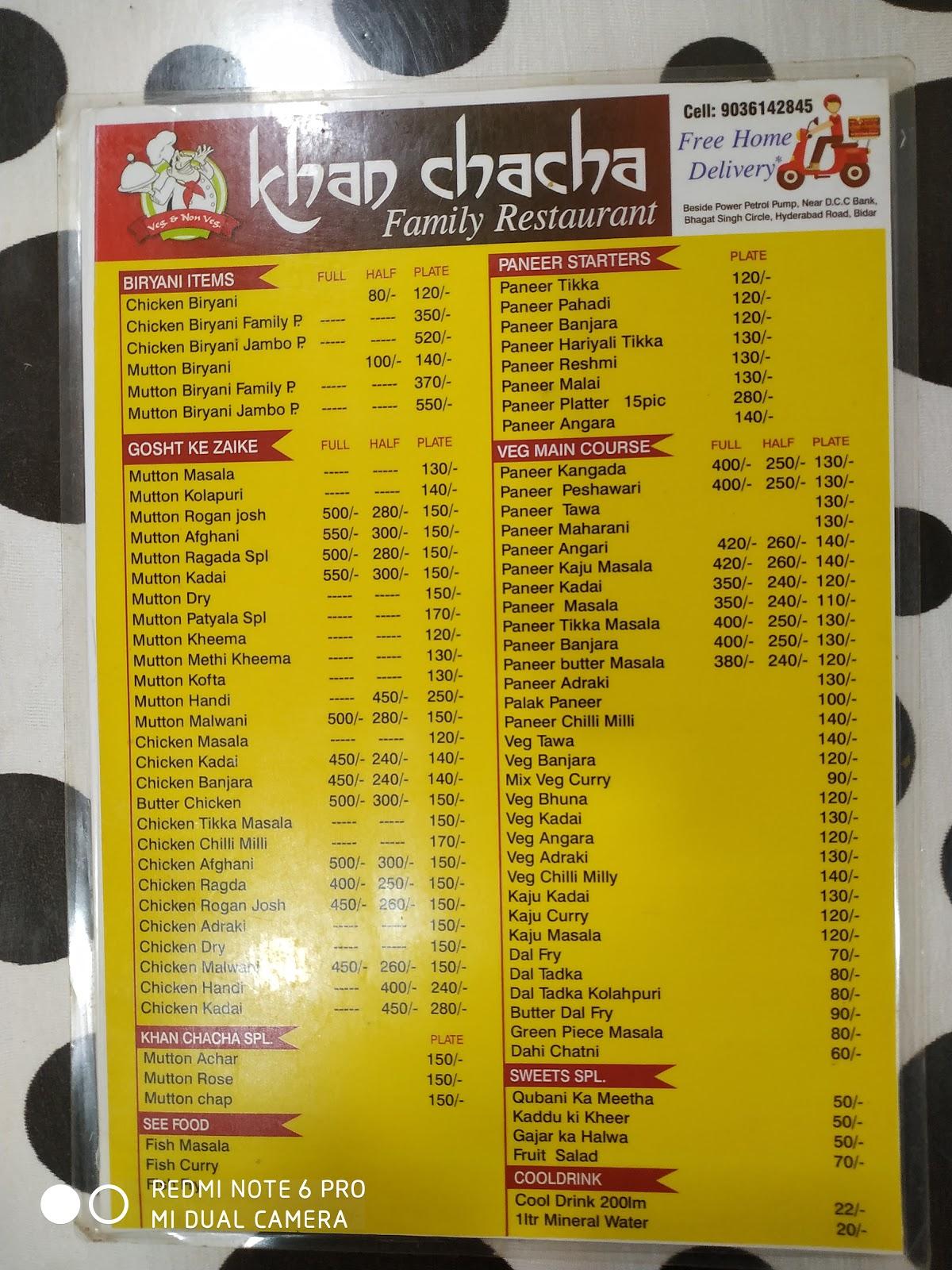 Menu at Khan Chacha Restaurant, Bidar