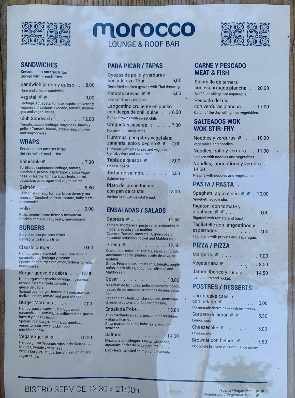 Menu at MOROCCO Lounge & Roof Bar, Palmanova