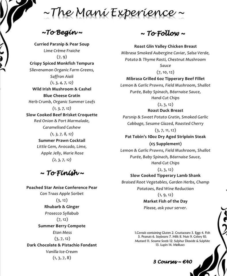 Menu at Mani Restaurant, Clonmel