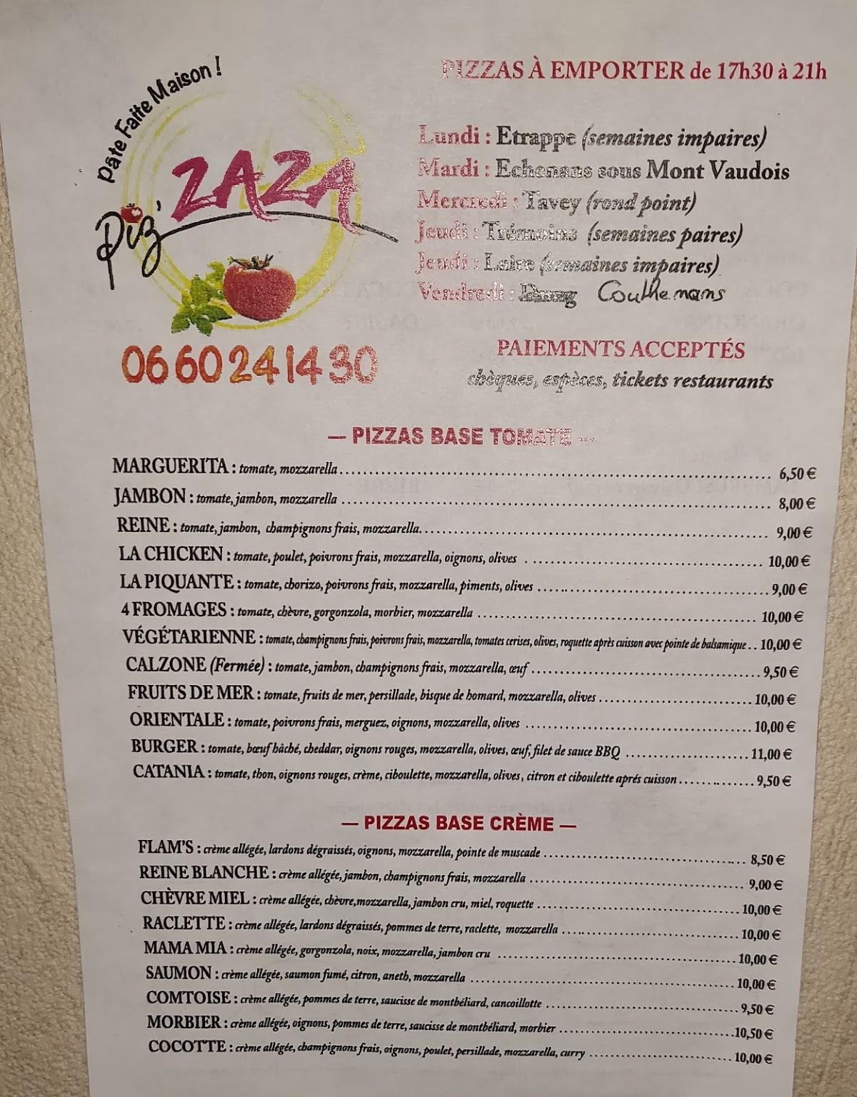 Menu at Piz'Zaza pizzeria, Héricourt