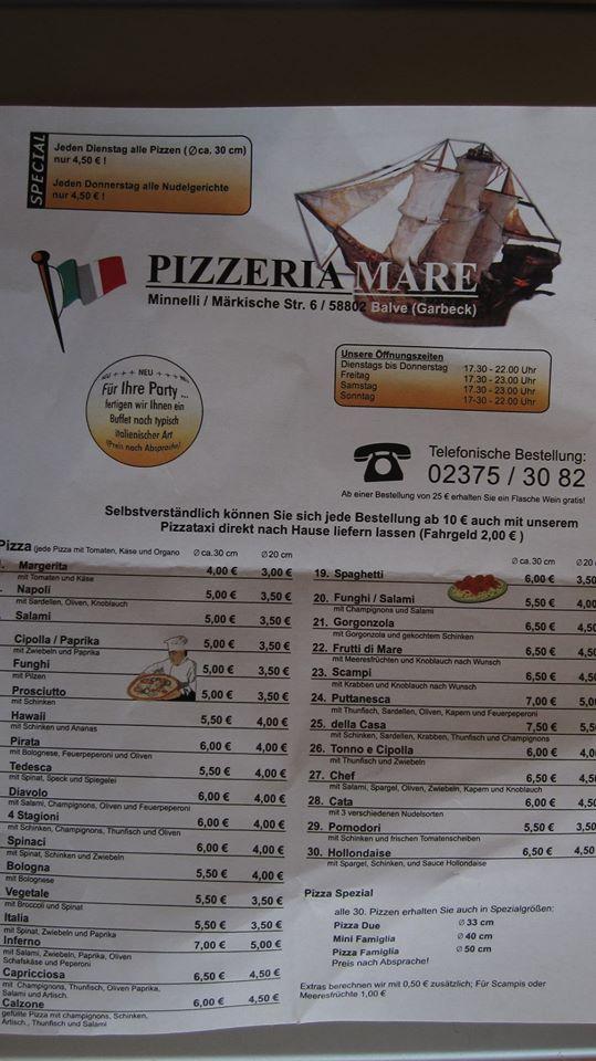 Menu at Pizzeria Mare, Balve