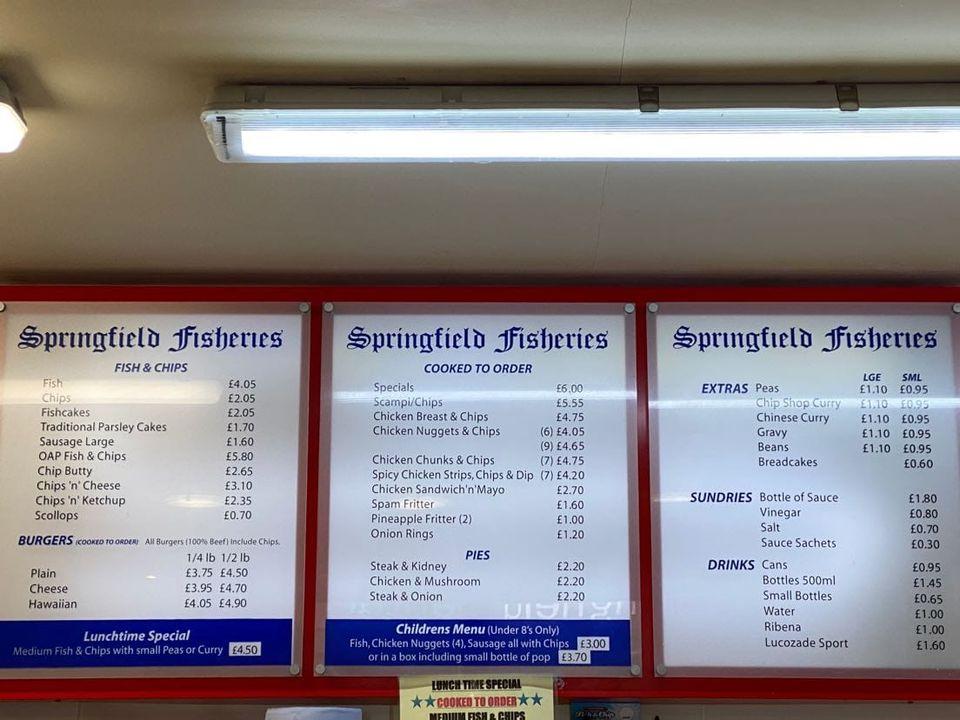 Menu at Springfield Fisheries restaurant, Leeds, 3 Springfield Rd