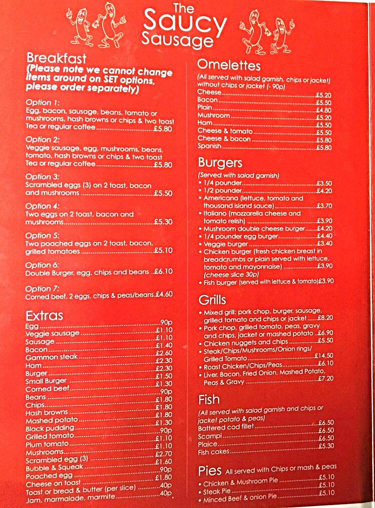Menu at The Saucy Sausage cafe, London, 259 Lower Addiscombe Rd