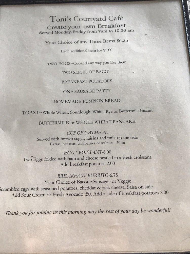Menu at Toni's Courtyard Café cafe, Merced