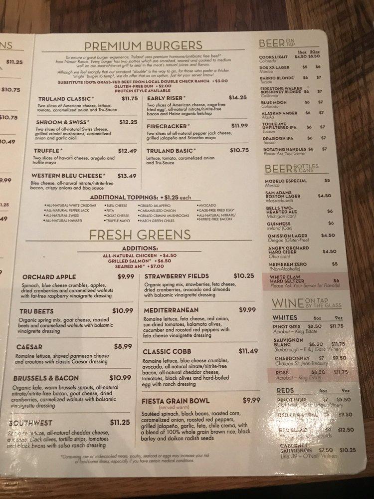 Menu at Truland Burgers & Greens Tucson pub & bar, Tucson