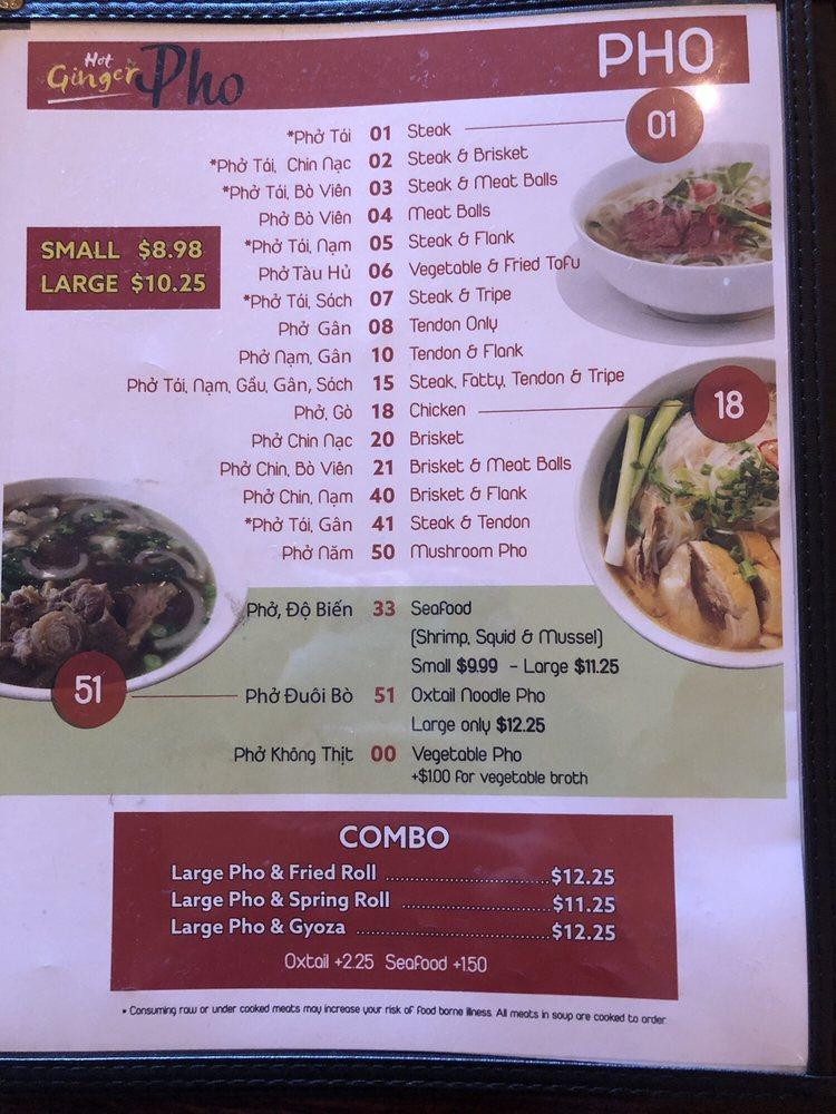 Menu at Hot Ginger Pho restaurant, Lacey