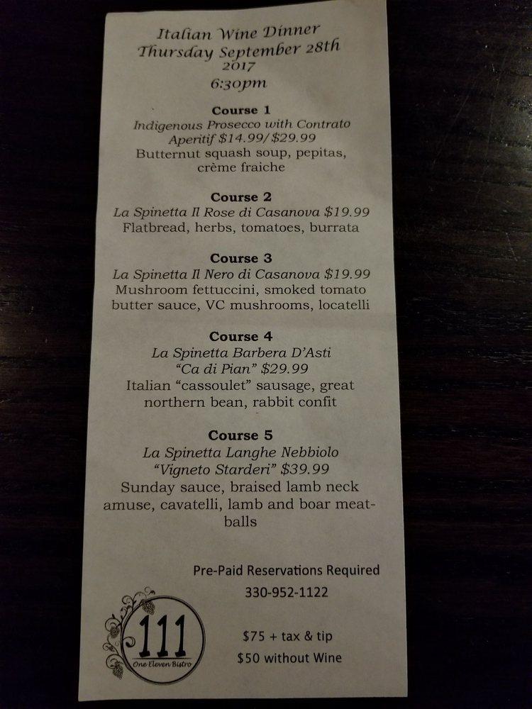 Menu at One Eleven Bistro restaurant, Medina